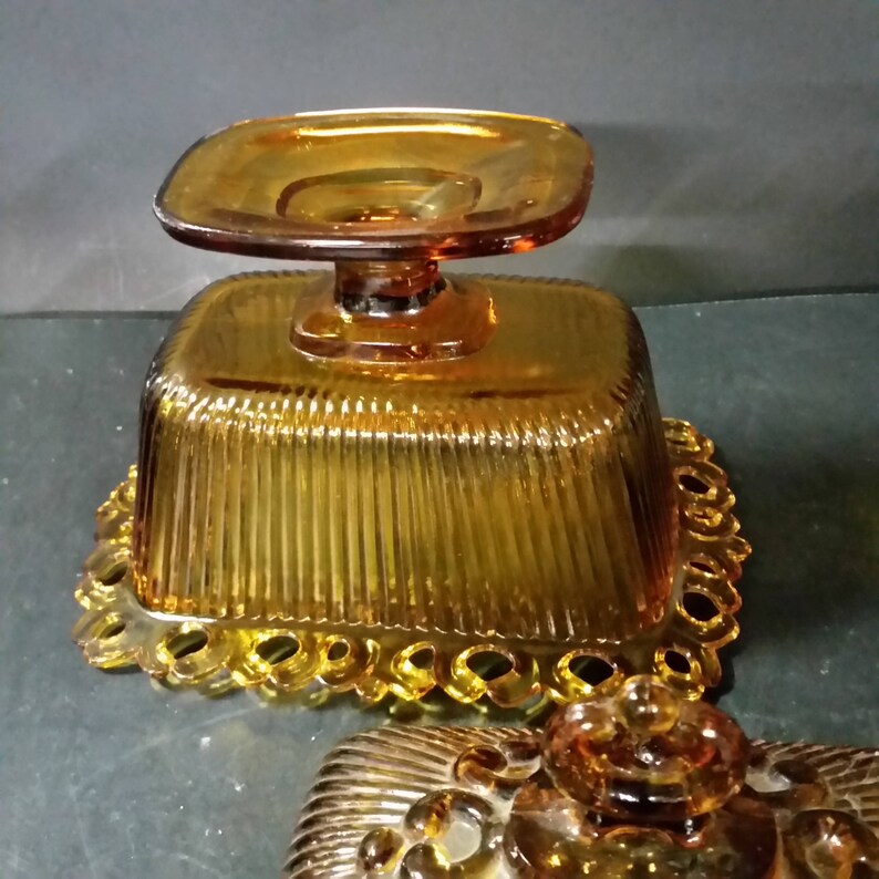 Vintage golden amber glass rectangular pedestal candy dish | Etsy