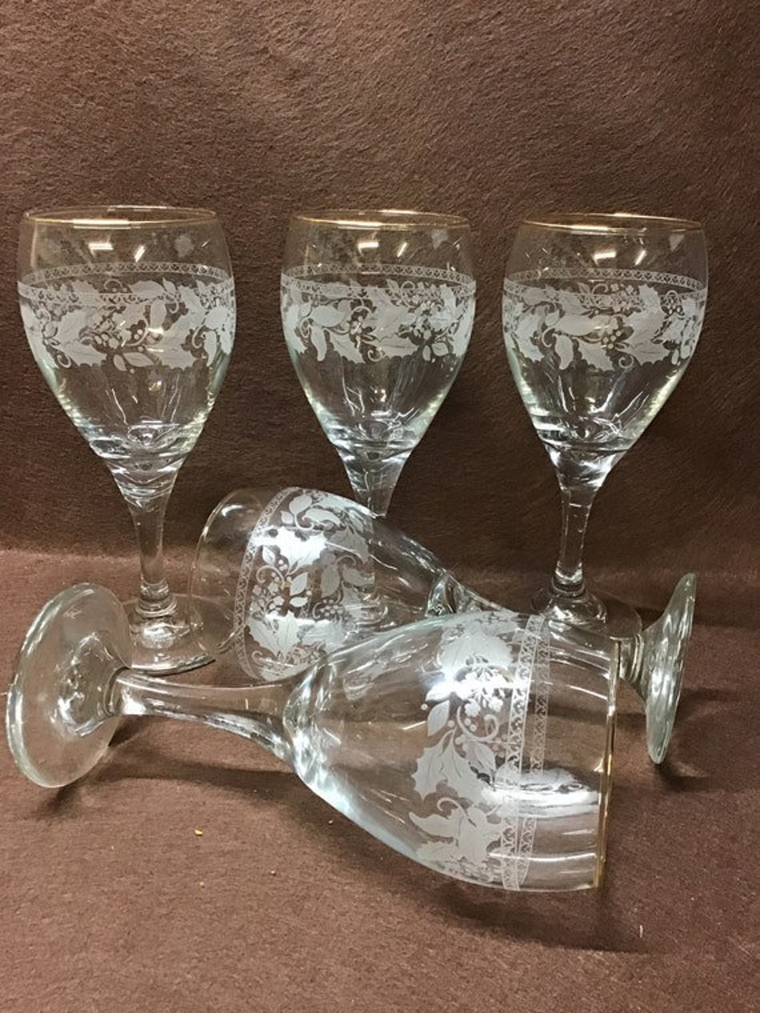 Libbey Clear Stemmed Glasses, Goblets. Set of 5. Holly and Berry Design ...