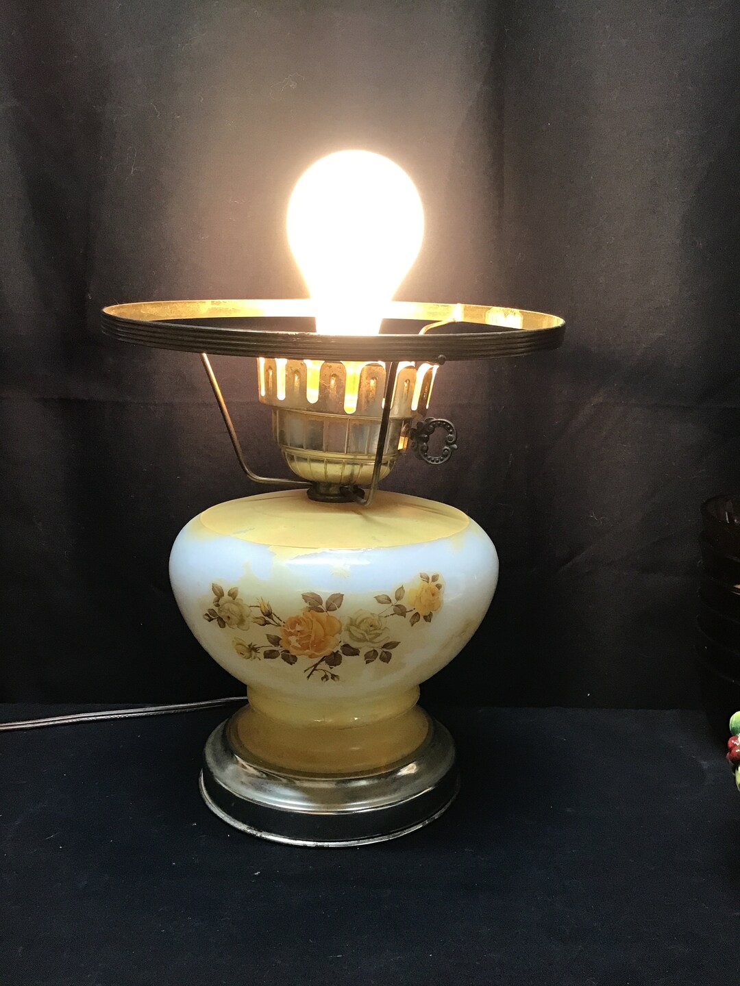Hurricane Table Lamp, Milk Glass With Hand Painted Floral Design. - Etsy