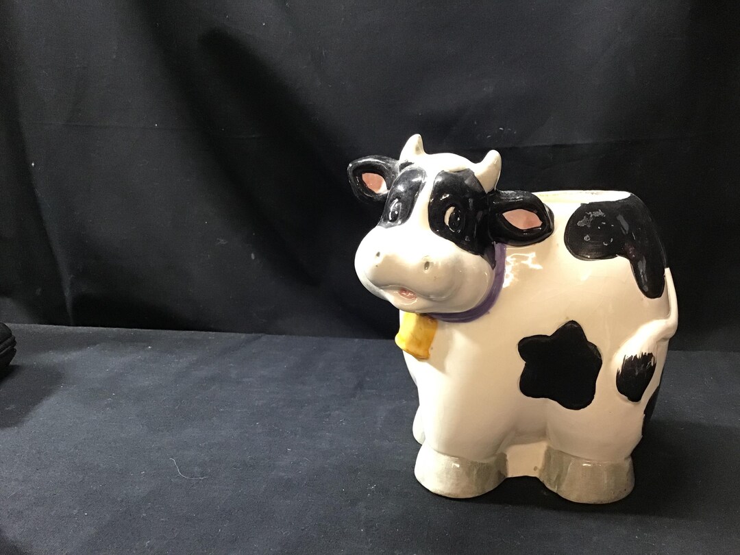 Small Ceramic Cow Planter for Succulents. Cow With Blue Ribbon and Gold ...