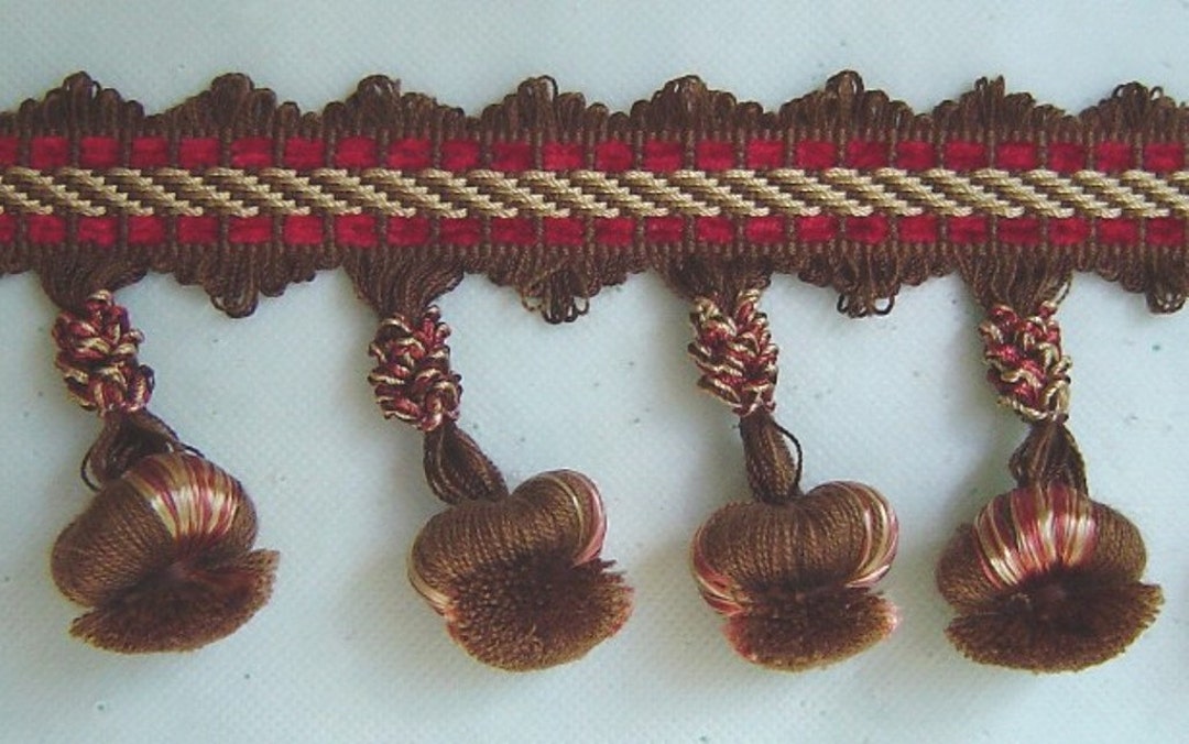 3.25" Ball Fringe Brown, Red and Gold Match Cord, Bullion Fringe, Scoll ...