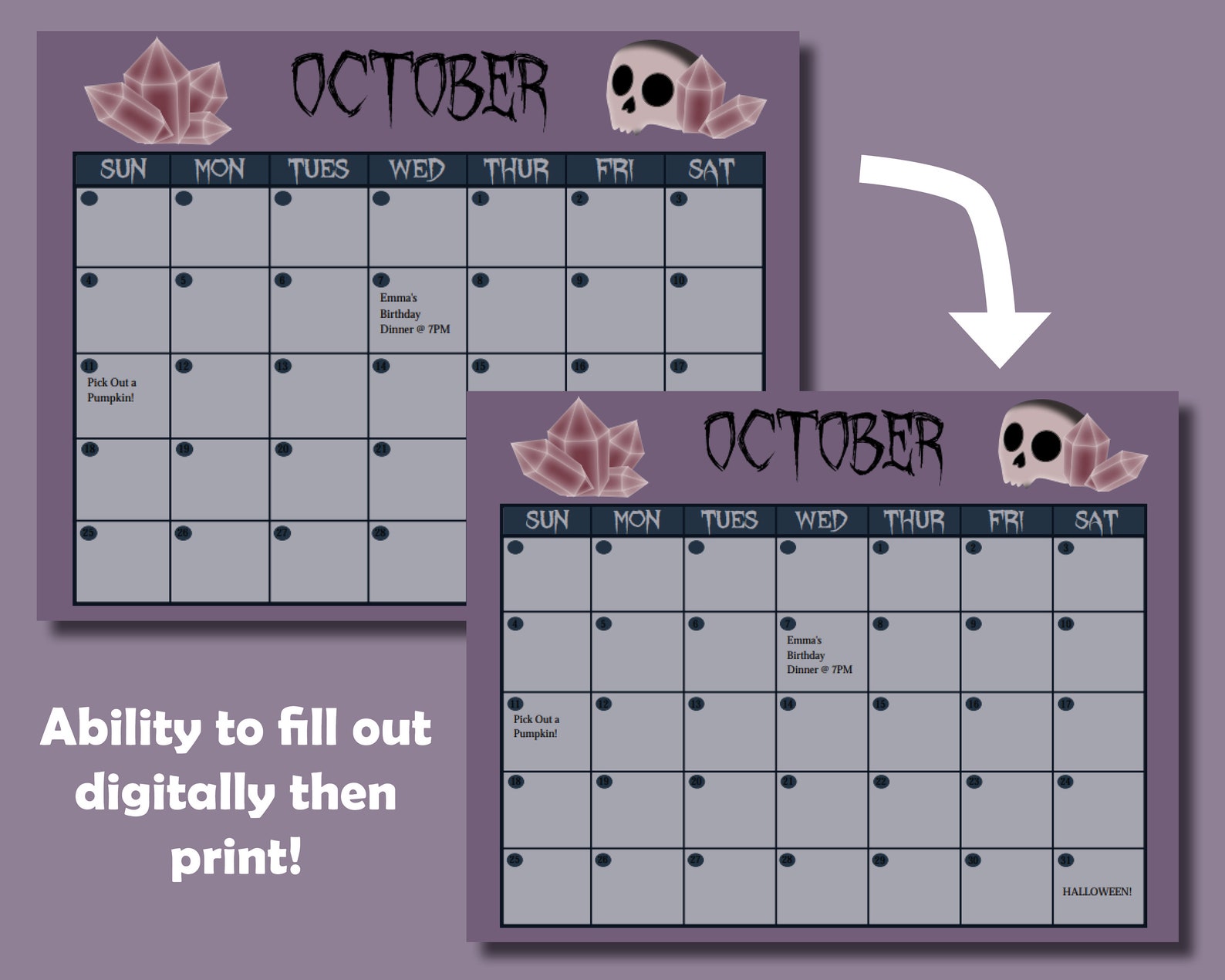 October Calendar Crystal Halloween Calendar Digital Product Printable ...