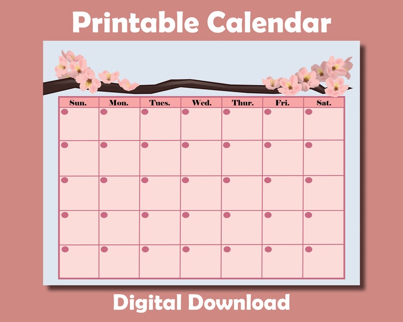 Cherry Blossom Monthly Calendar Digital Print Reusable Undated Calendar ...