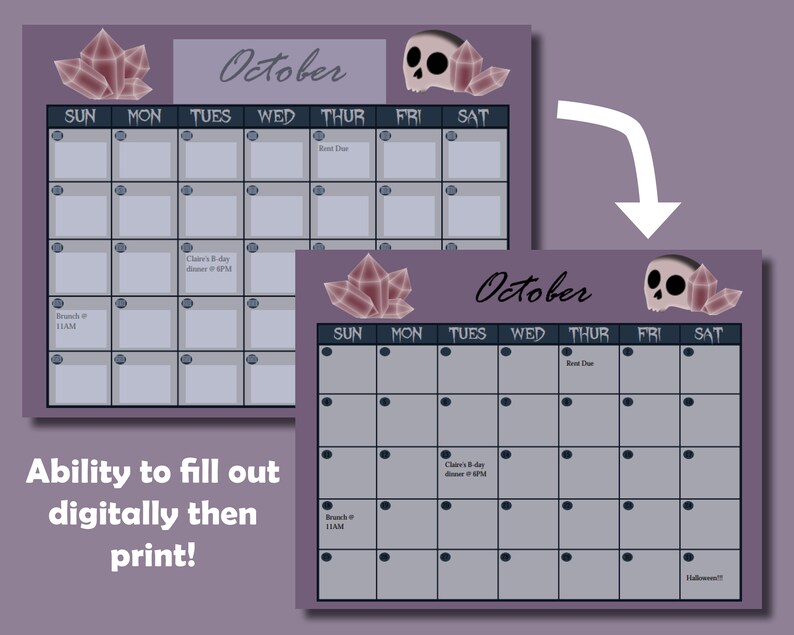Crystals & Skulls Monthly Calendar Digital Print Interactive PDF, PDF ...