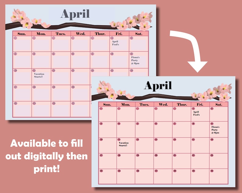 Cherry Blossom Monthly Calendar Digital Print Reusable Undated Calendar ...