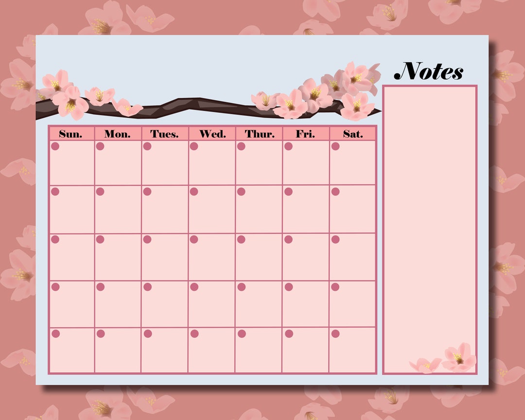 Spring Cherry Blossom Calendar Reusable Monthly Calendar Notes Section ...