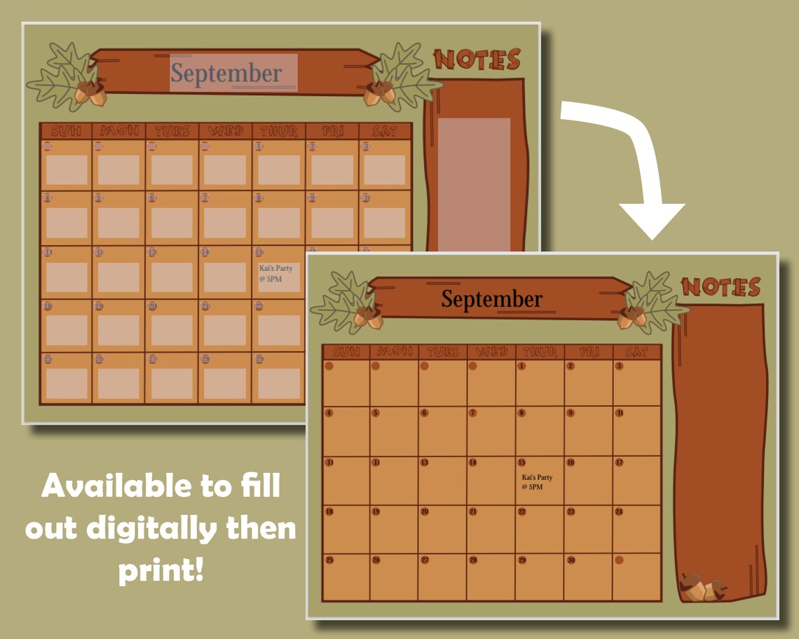 Cute Woodland Calendar Notes Section Reusable Monthly Calendar ...