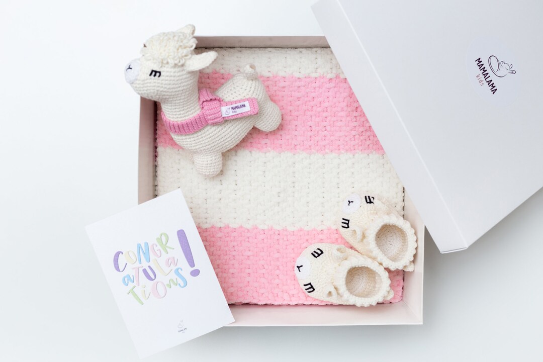 Baby Shower Gift Girl Boy Cute Pink Llama Crochet Toy Knit Baby Blanket ...