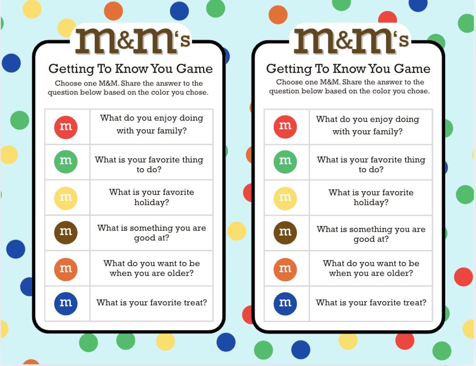 Editable M&M Ice Breaker| Getting to Know You Game - Etsy