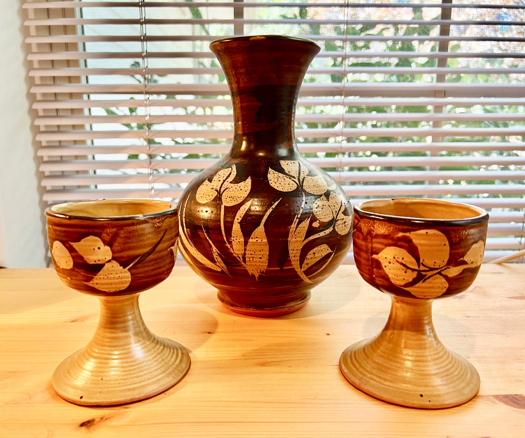 Vintage Pacific Stoneware Wine Carafe and Two Goblets - Etsy