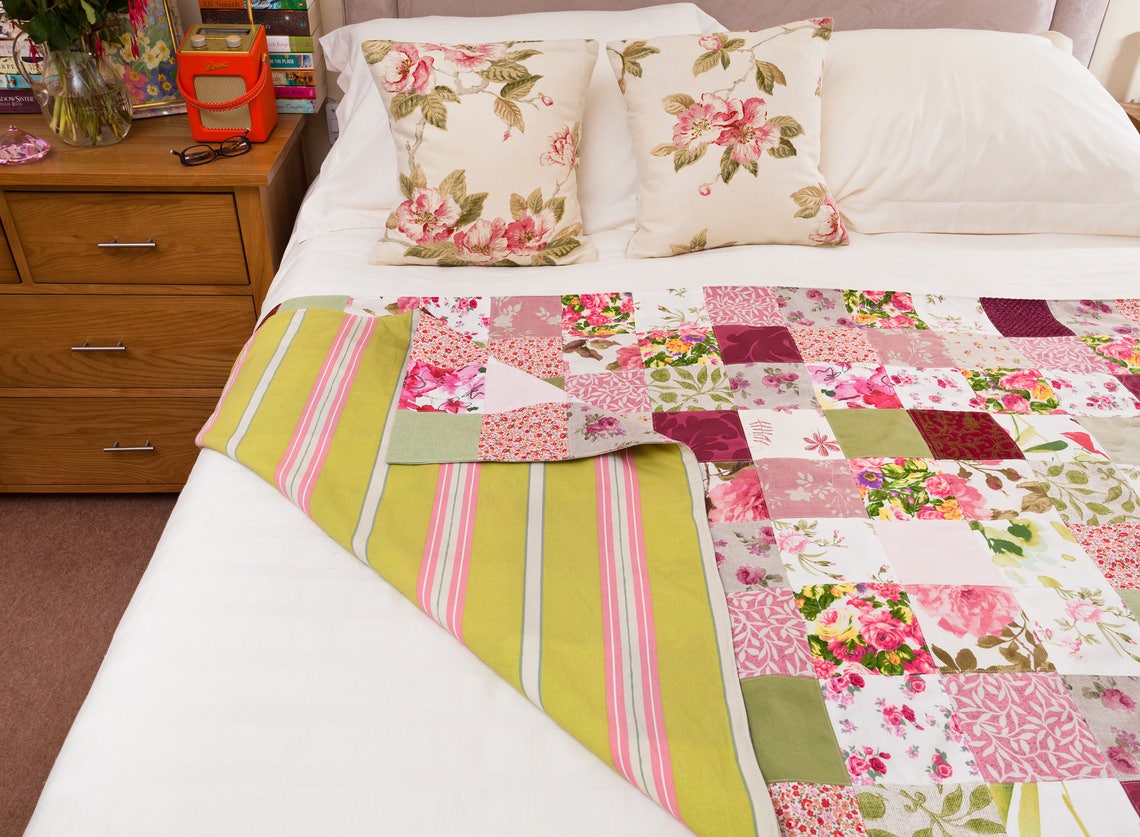 Handmade Patchwork Quilt Rose Garden Pink Green and Cream - Etsy