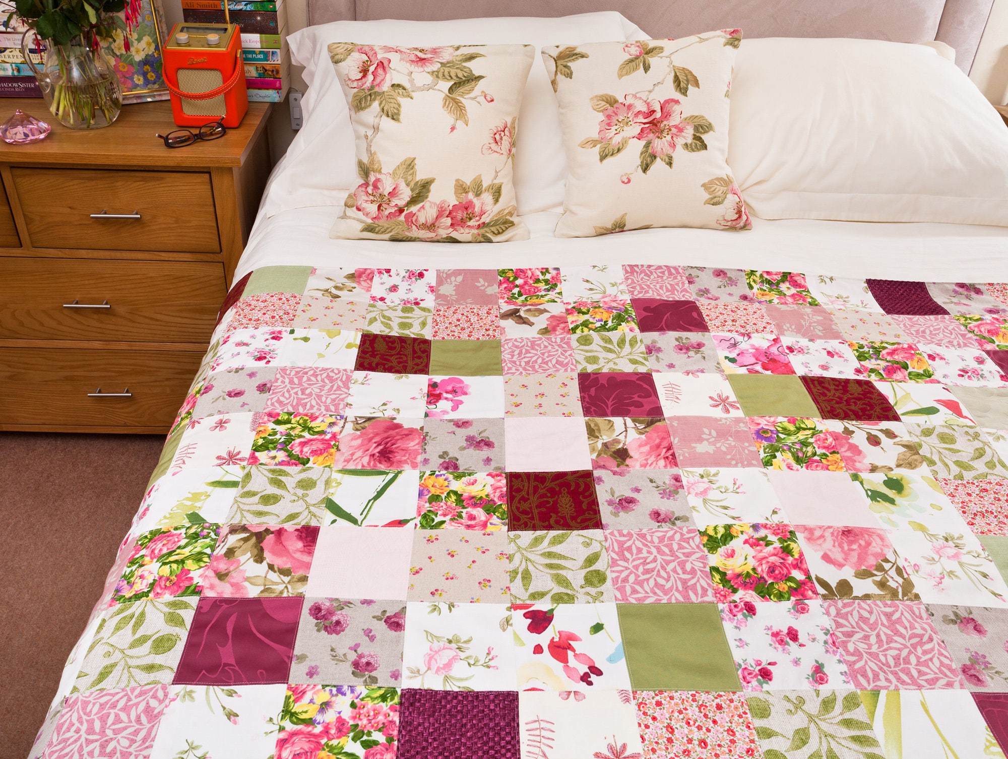 Handmade Patchwork Quilt Rose Garden Pink Green and Cream - Etsy