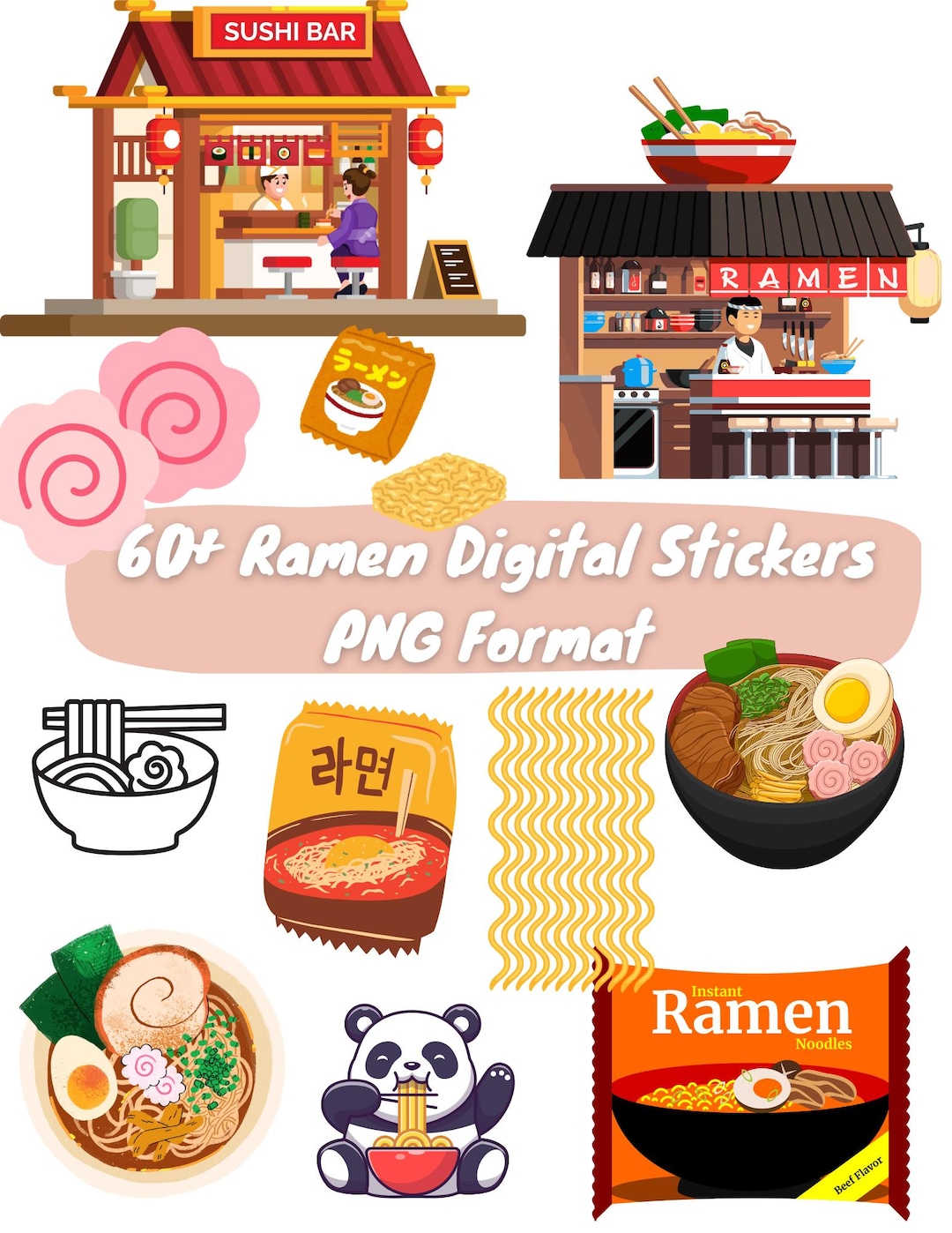 Ramen Digital Stickers | Cute Kawaii Instant Download Pngs for Notion ...