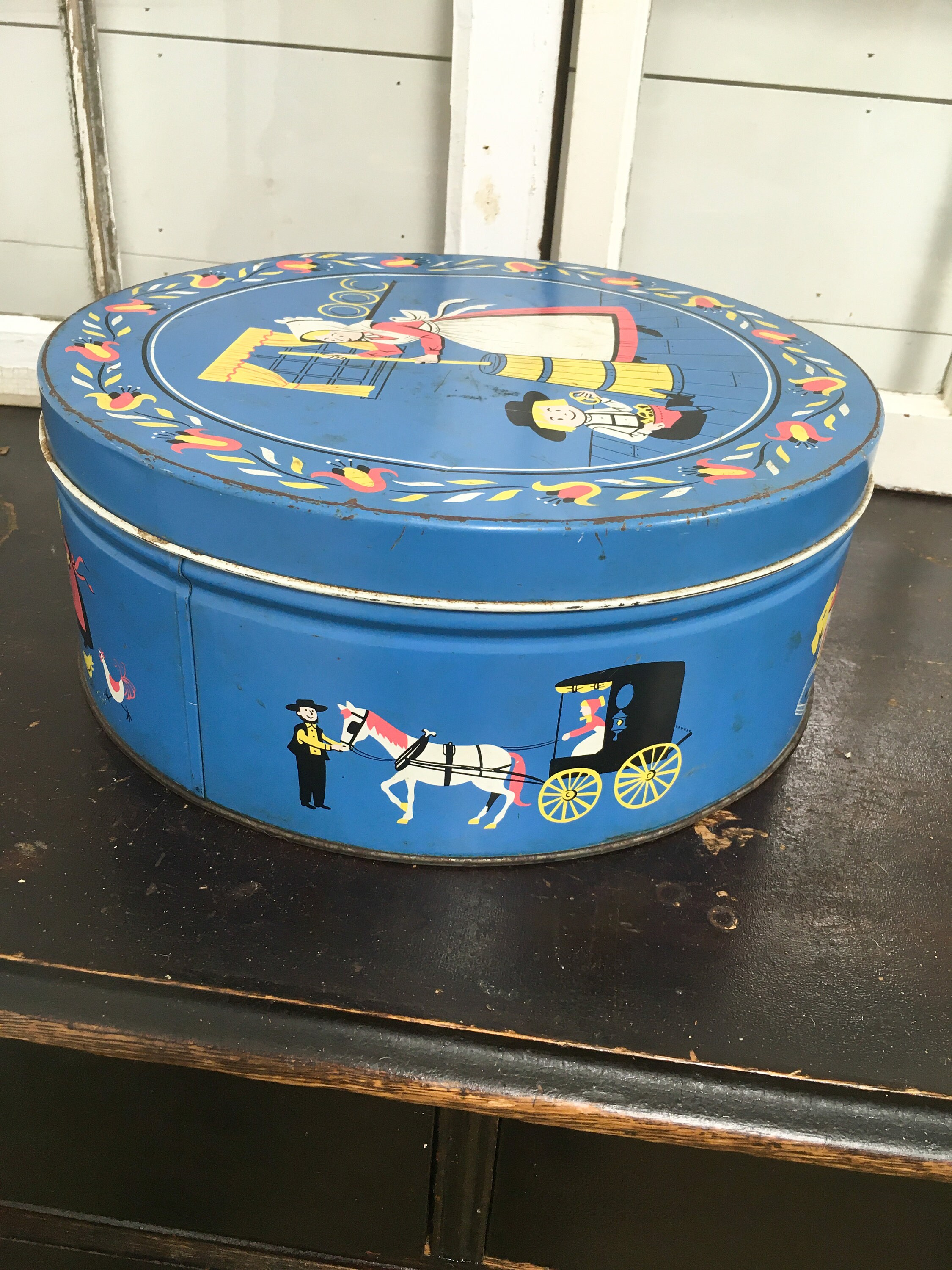 Vintage Tin Metal Container Dutch Amish Blue Retro Decor | Etsy