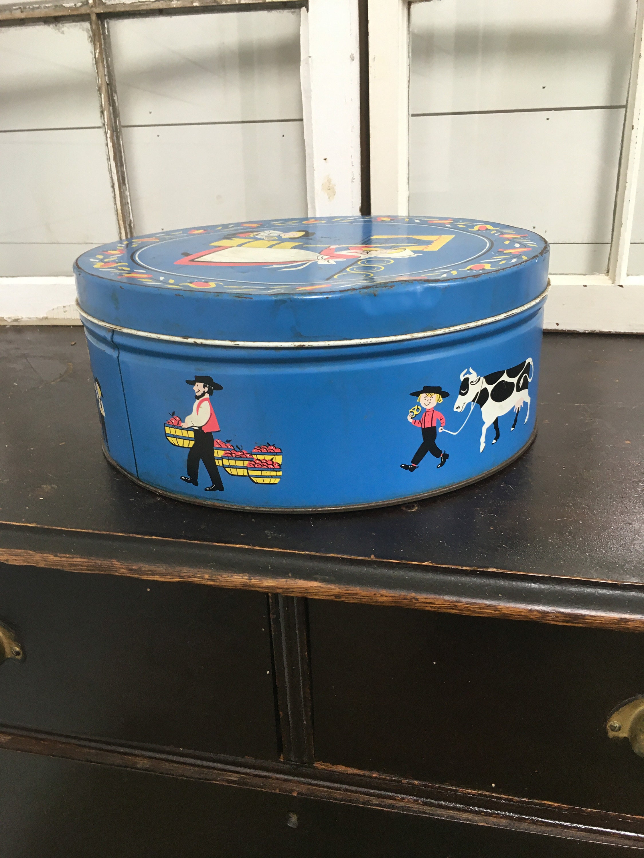 Vintage Tin Metal Container Dutch Amish Blue Retro Decor | Etsy