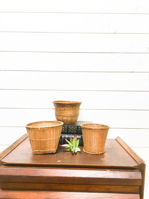 Vintage Baskets Basket Woven Wicker Boho Planter Decor | Etsy