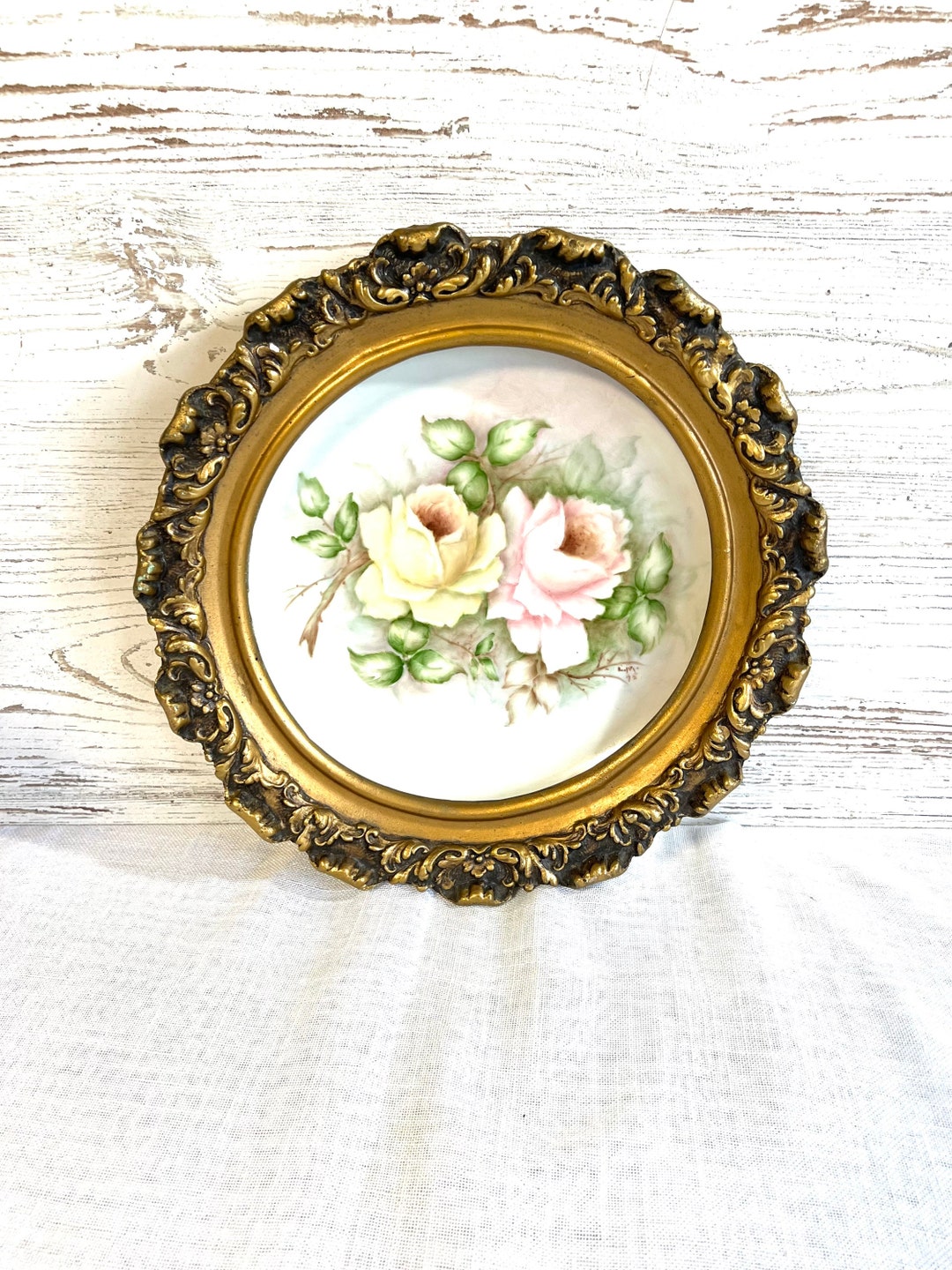 Vintage Plate Frame Holder Wood Gold Wall Decor Retro Regency Cottage ...