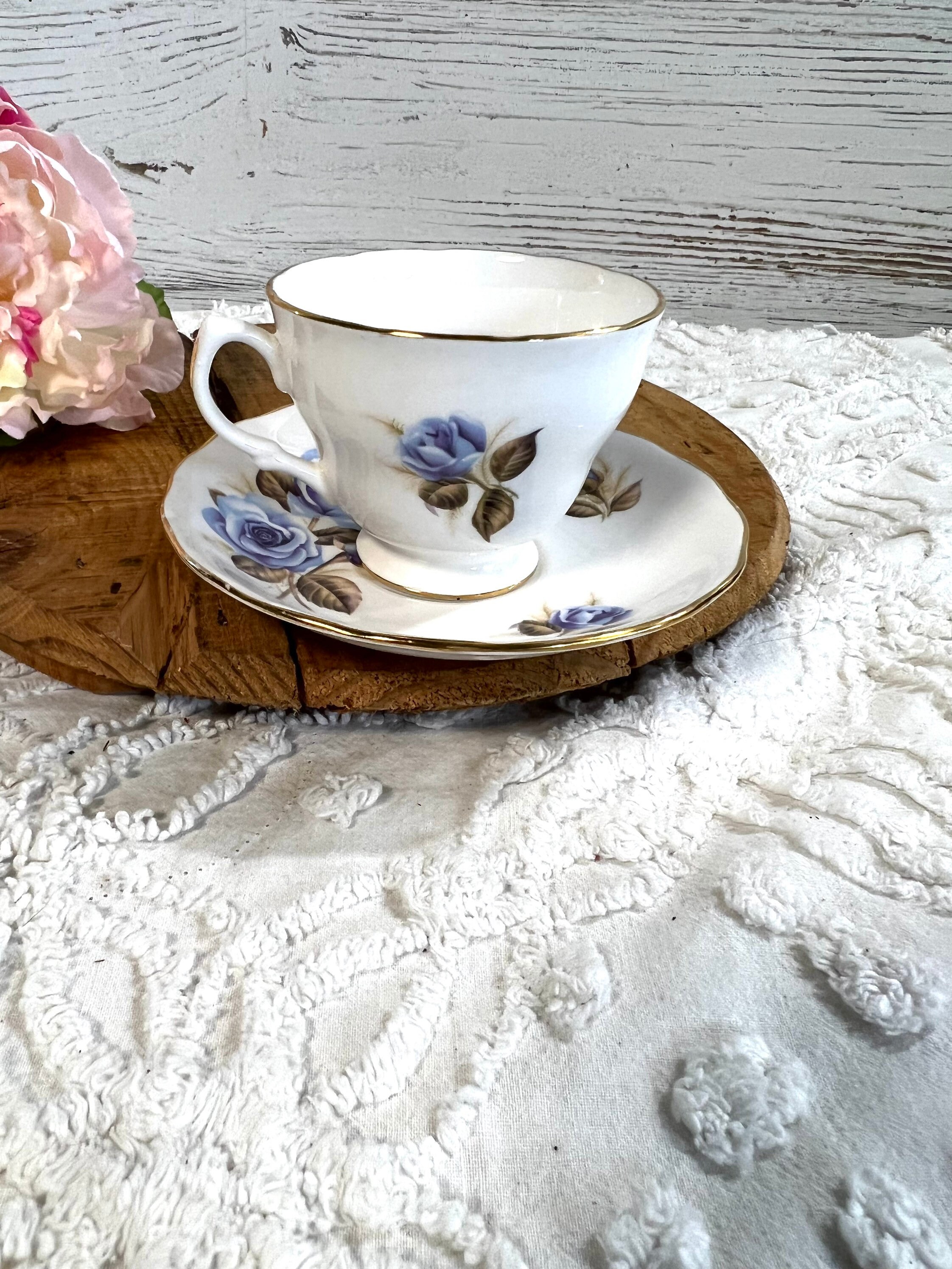 Vintage Tea Cup Saucer Blue Flower Rose Royal Vale England - Etsy