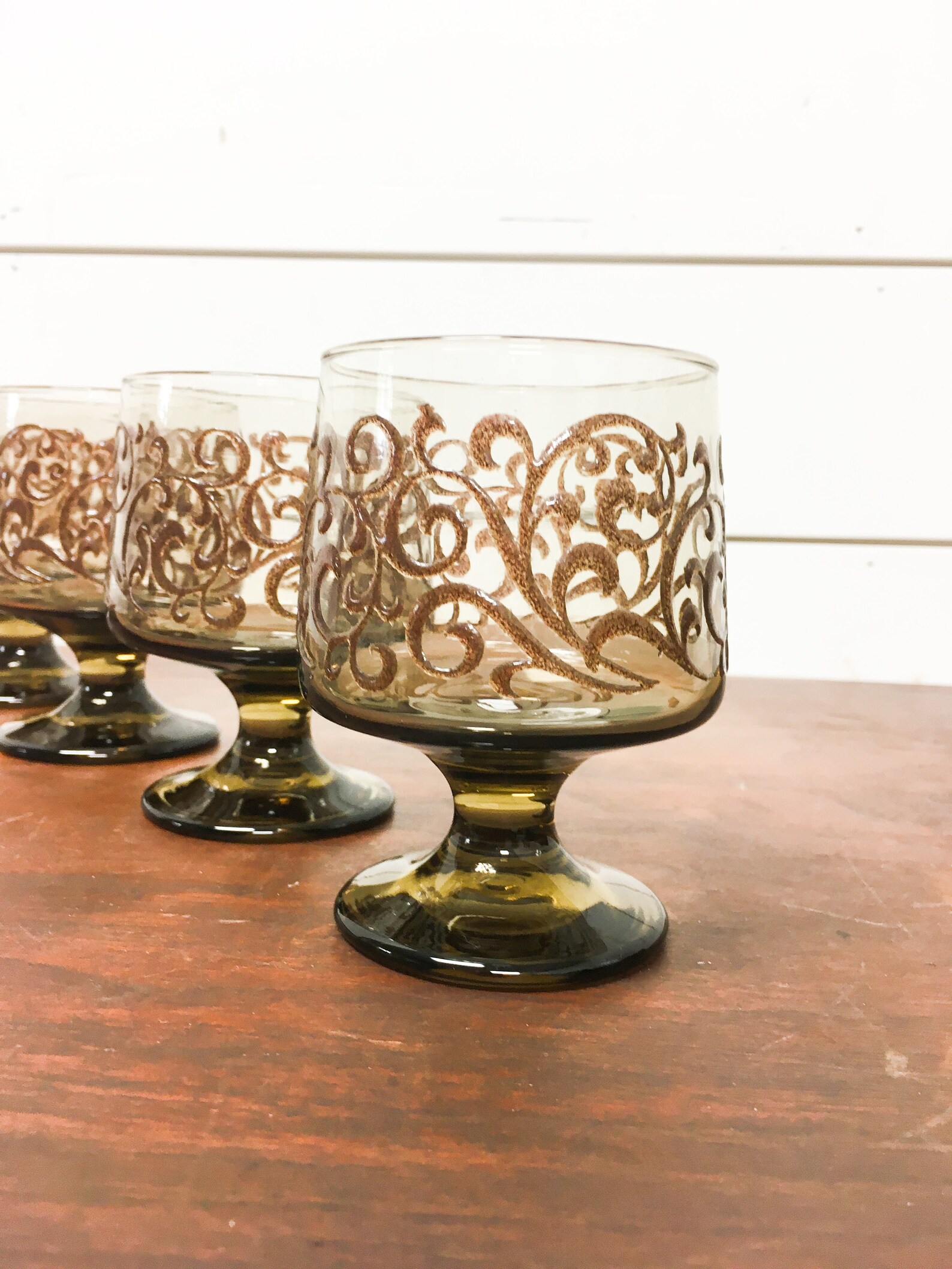 Vintage Brown Stemware Libbey Scroll Prado Pedestal Footed - Etsy