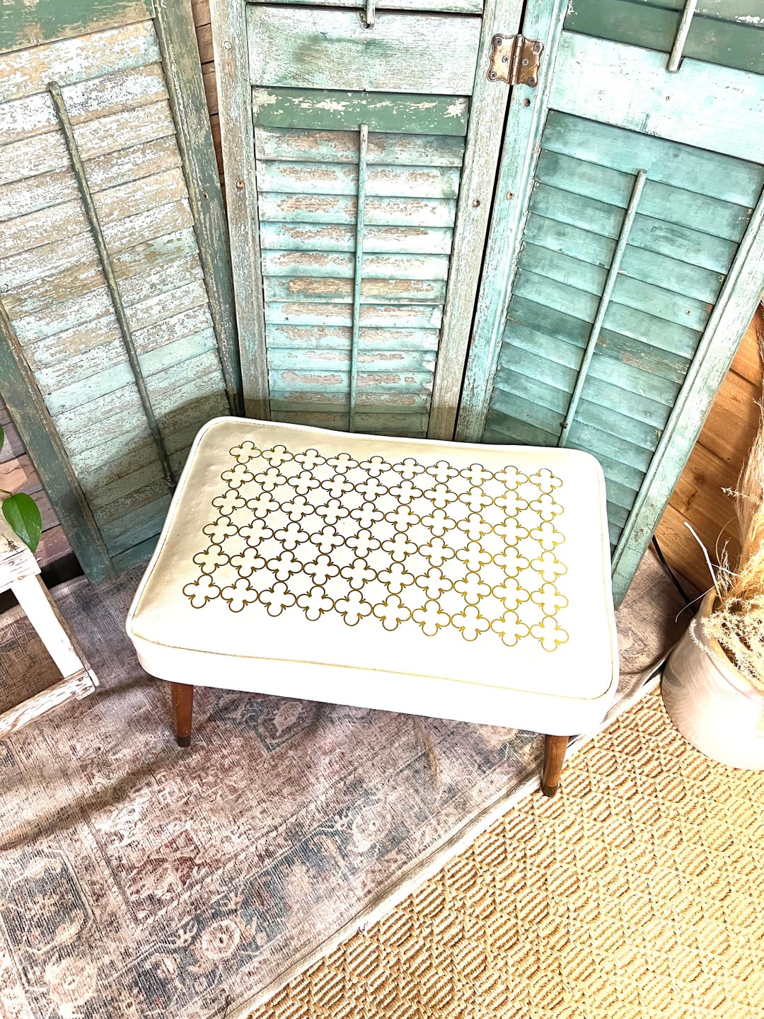 Vintage Mid Century Foot Stool Vinyl Wood White Gold Retro Decor - Etsy