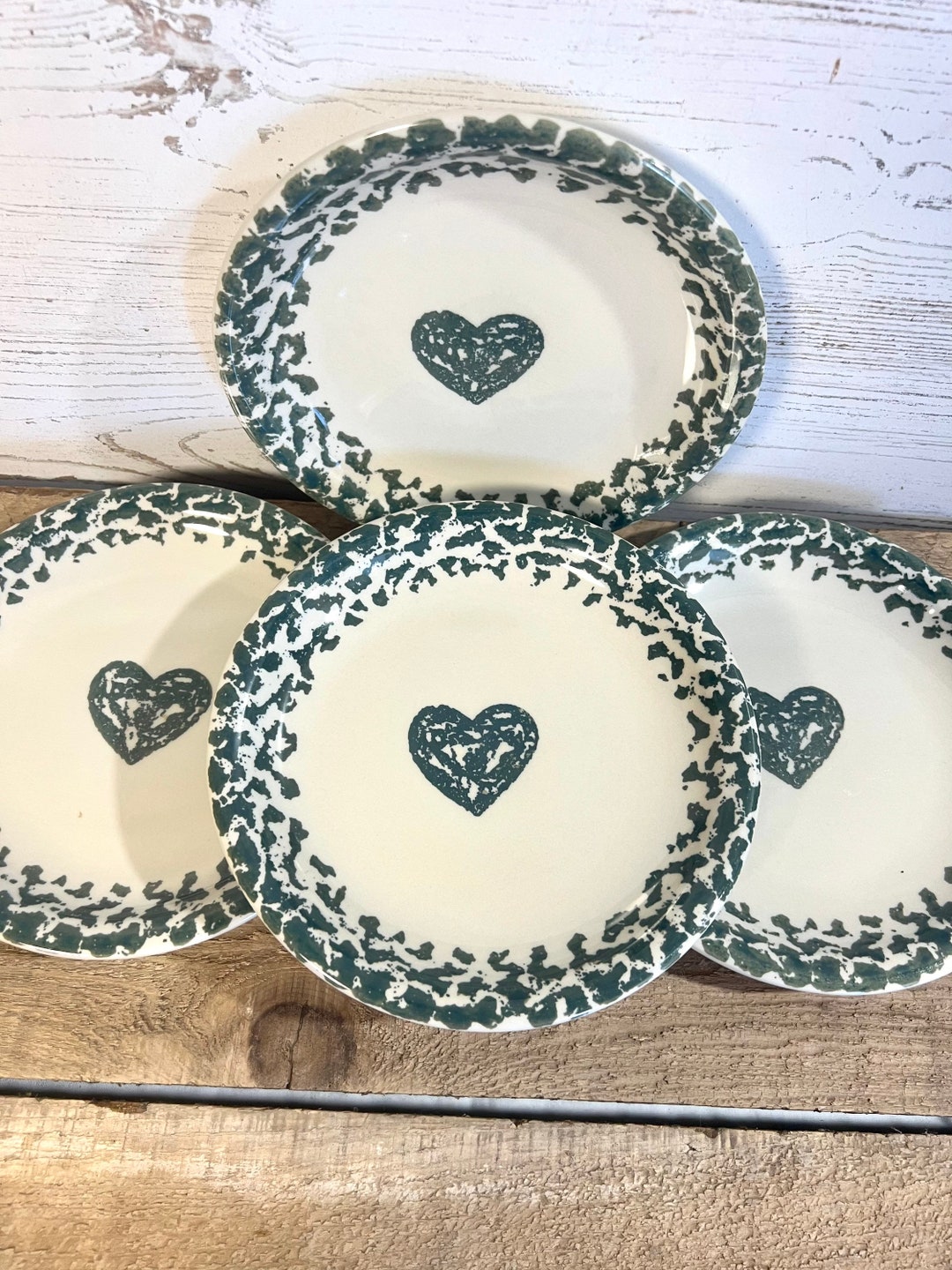 Vintage Plates Folk Craft Green Sponge Heart Replacement Decor Gift ...