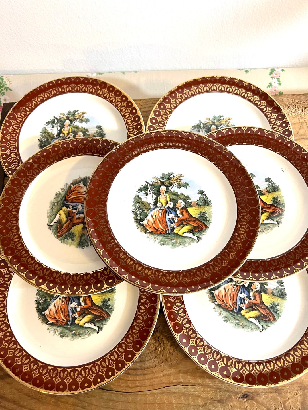 Vintage Plates Cronin China Courting Couple Gold Burgundy Replacement ...