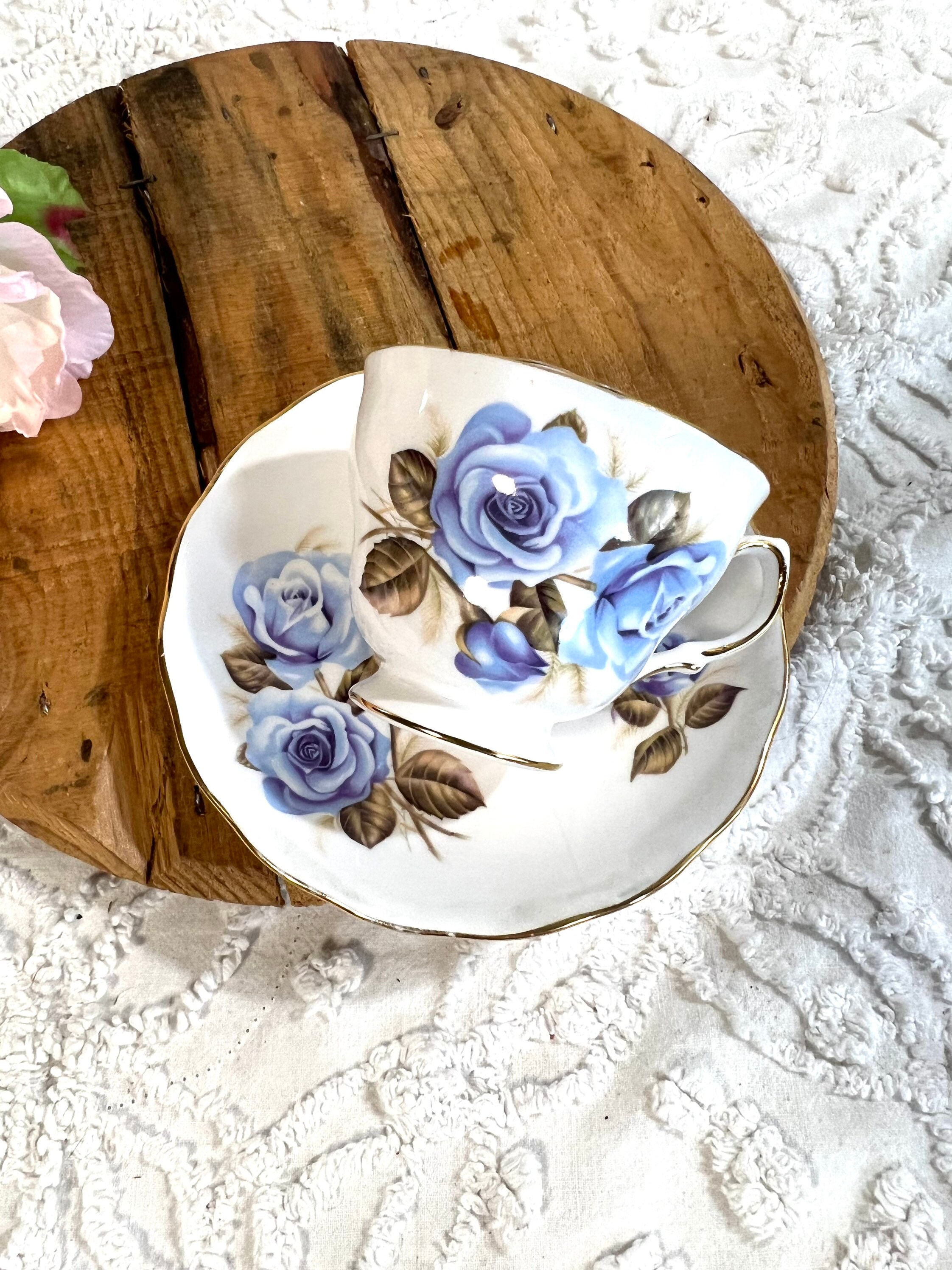 Vintage Tea Cup Saucer Blue Flower Rose Royal Vale England - Etsy