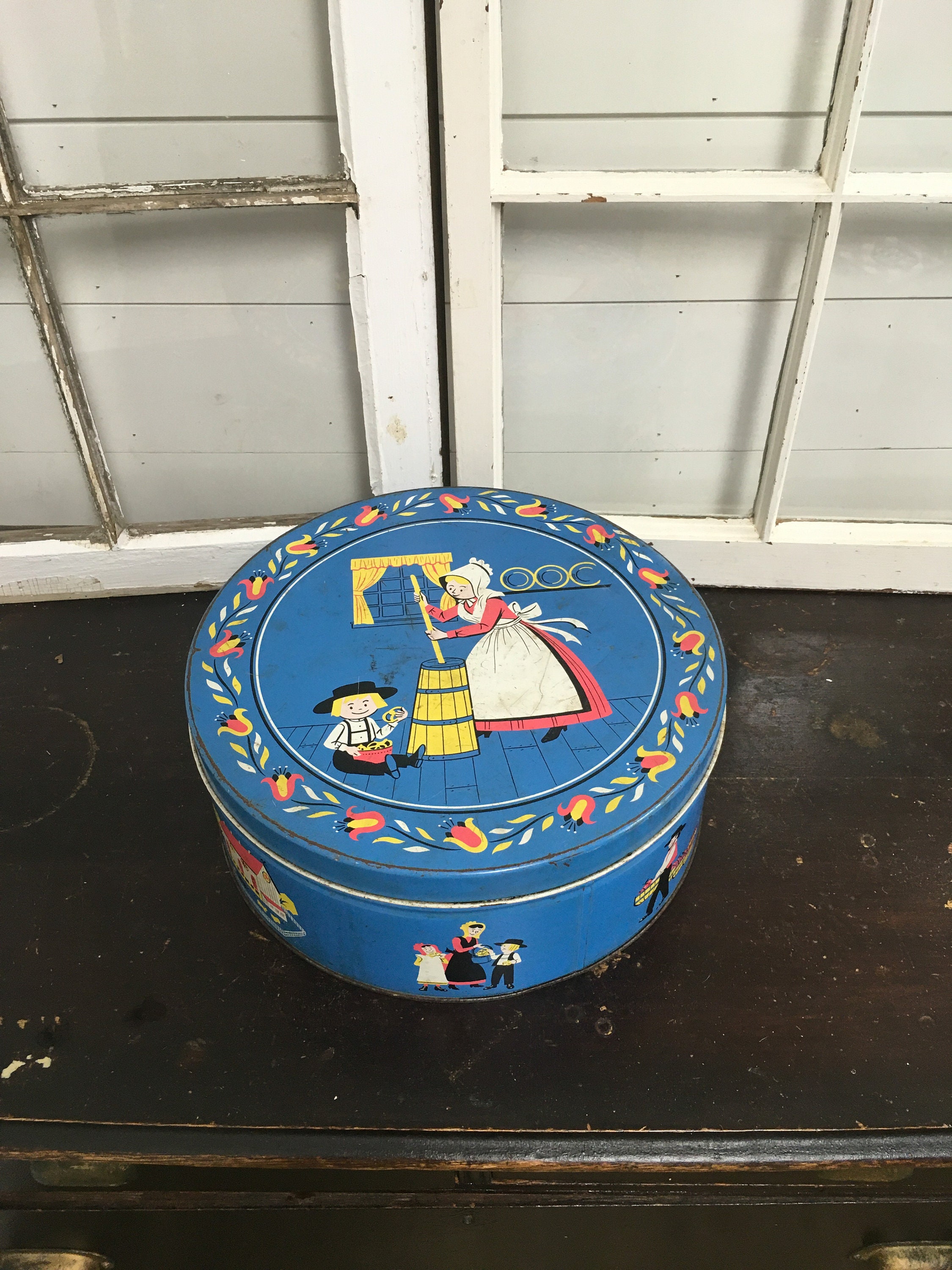 Vintage Tin Metal Container Dutch Amish Blue Retro Decor | Etsy