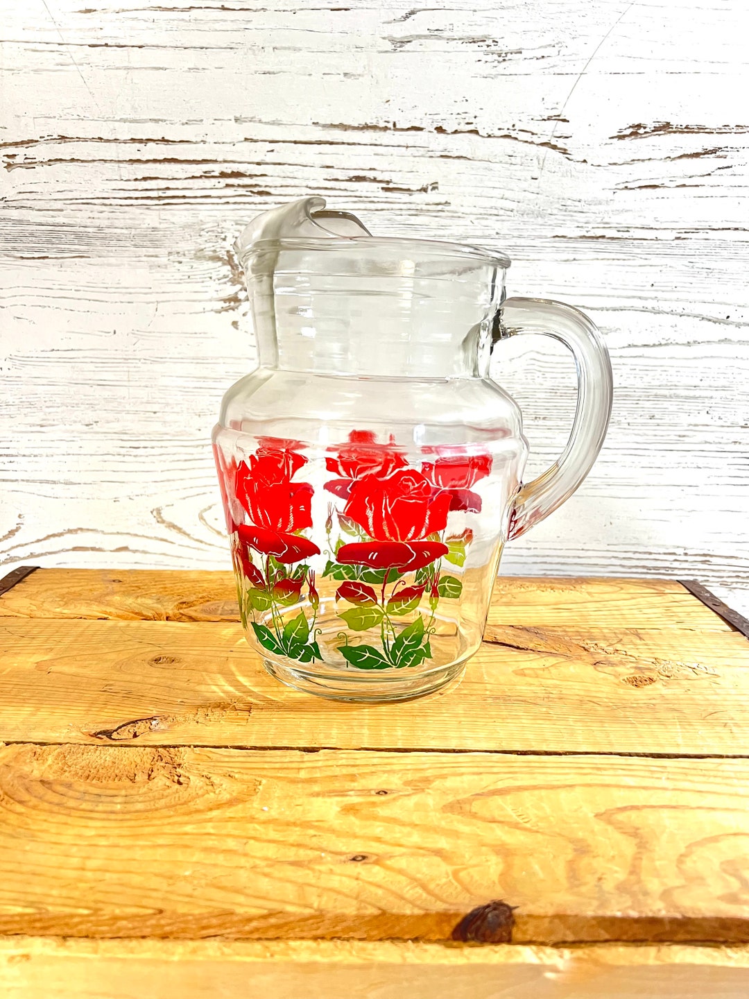 Vintage Glass Pitcher Red Rose Flower Retro Decor Mod Cottage Grandma ...