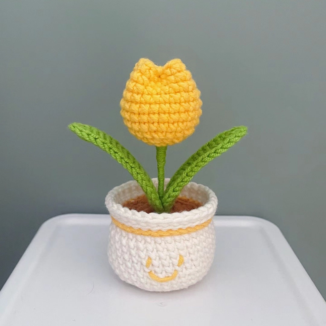 Crochet Smile Yellow Tulip,flower Plant Pot,knitted Tulip,handmade ...