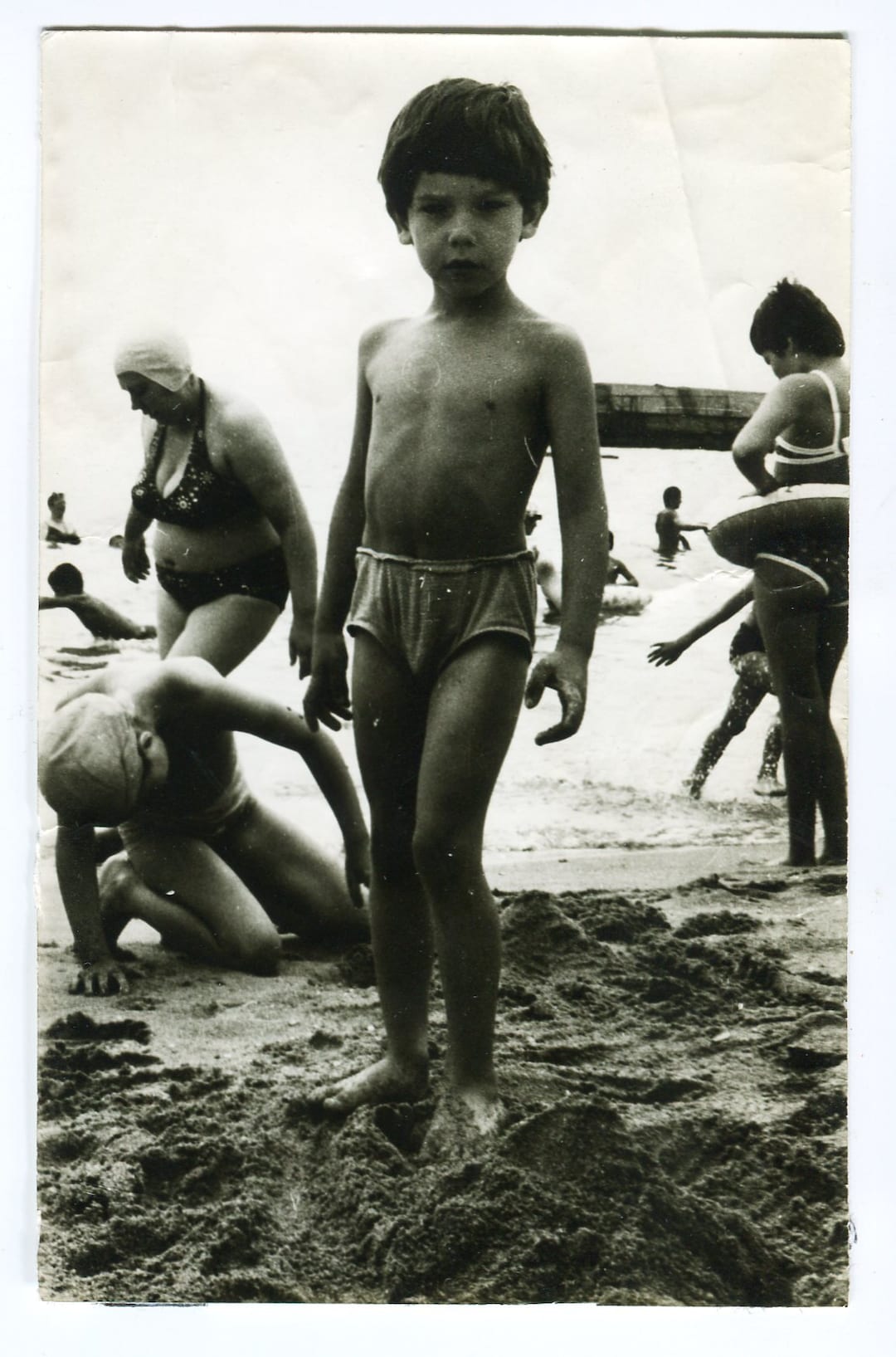 Handsome Boy Children On Beach Summer Holidays Snapshot Vintage Photo