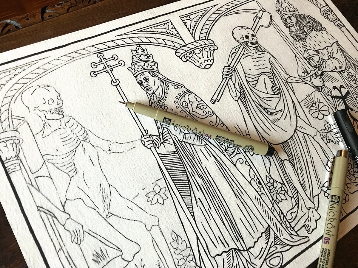 Danse Macabre Original Drawing on Aged Paper Memento Mori Dance of ...