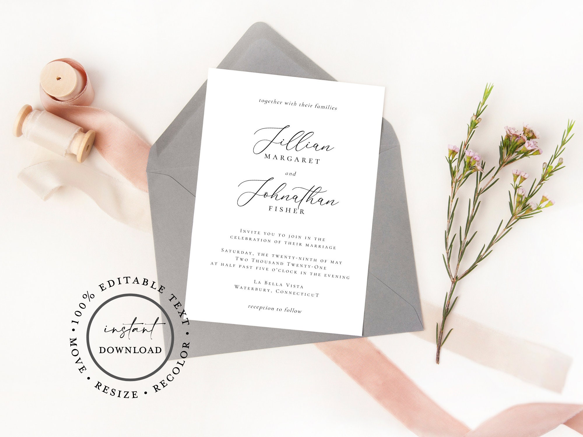Modern Romantic Wedding Invitation Set Instant Download - Etsy