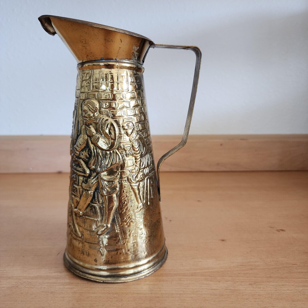 Vintage Tall Brass Pitcher Embossed Plant Vase England English Tavern ...