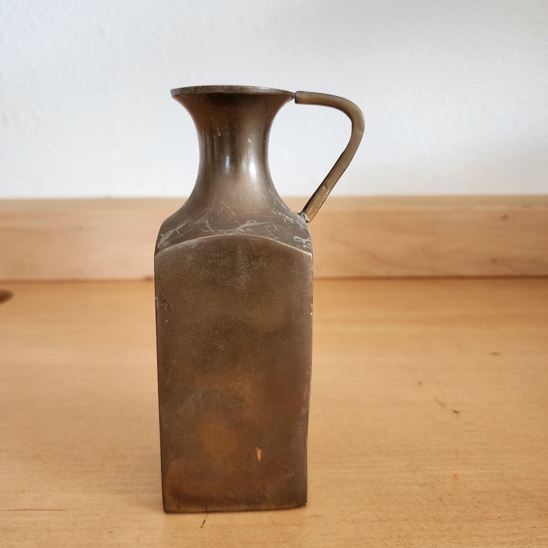 Vintage Solid Cast Brass Square Pitcher Jug Vase Rustic Mid Century ...