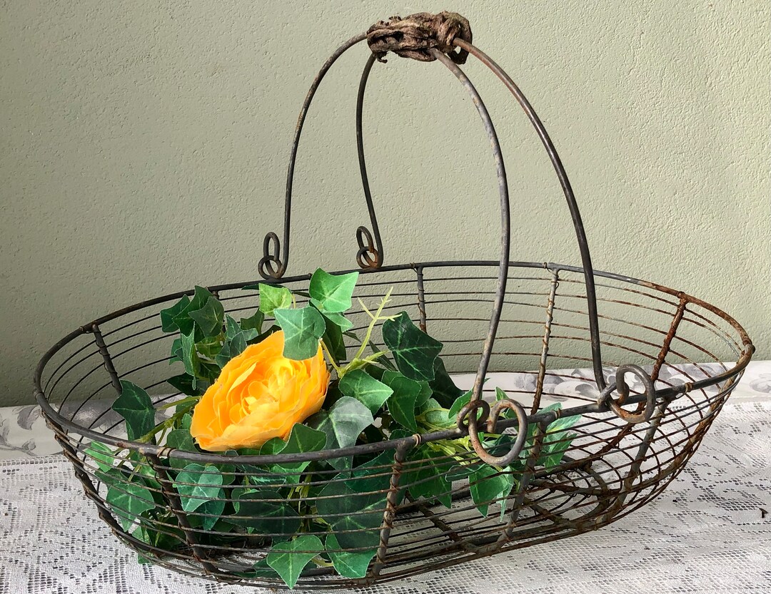 French Vintage Cronky Old Wire Basket With Shabby Rattan Handle ...