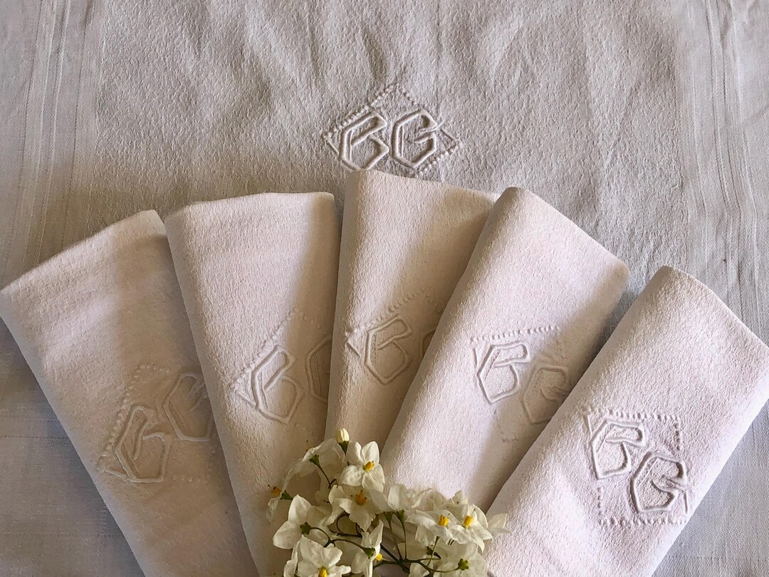 Six French Antique Damask Cotton/linen Napkins With bg Initials ...