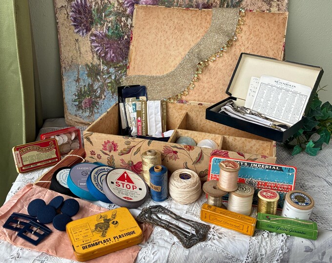 French Vintage Fabric Covered Box Filled With Haberdashery & Bits and ...