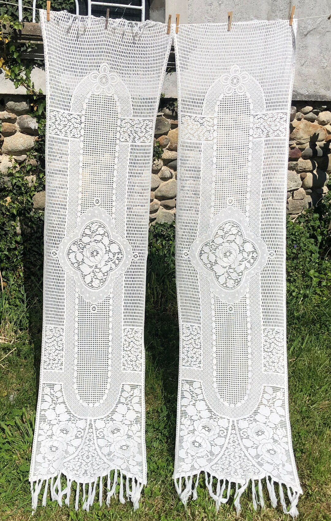 Pair French Antique White Net Curtain/lace Panels - Delightful ...