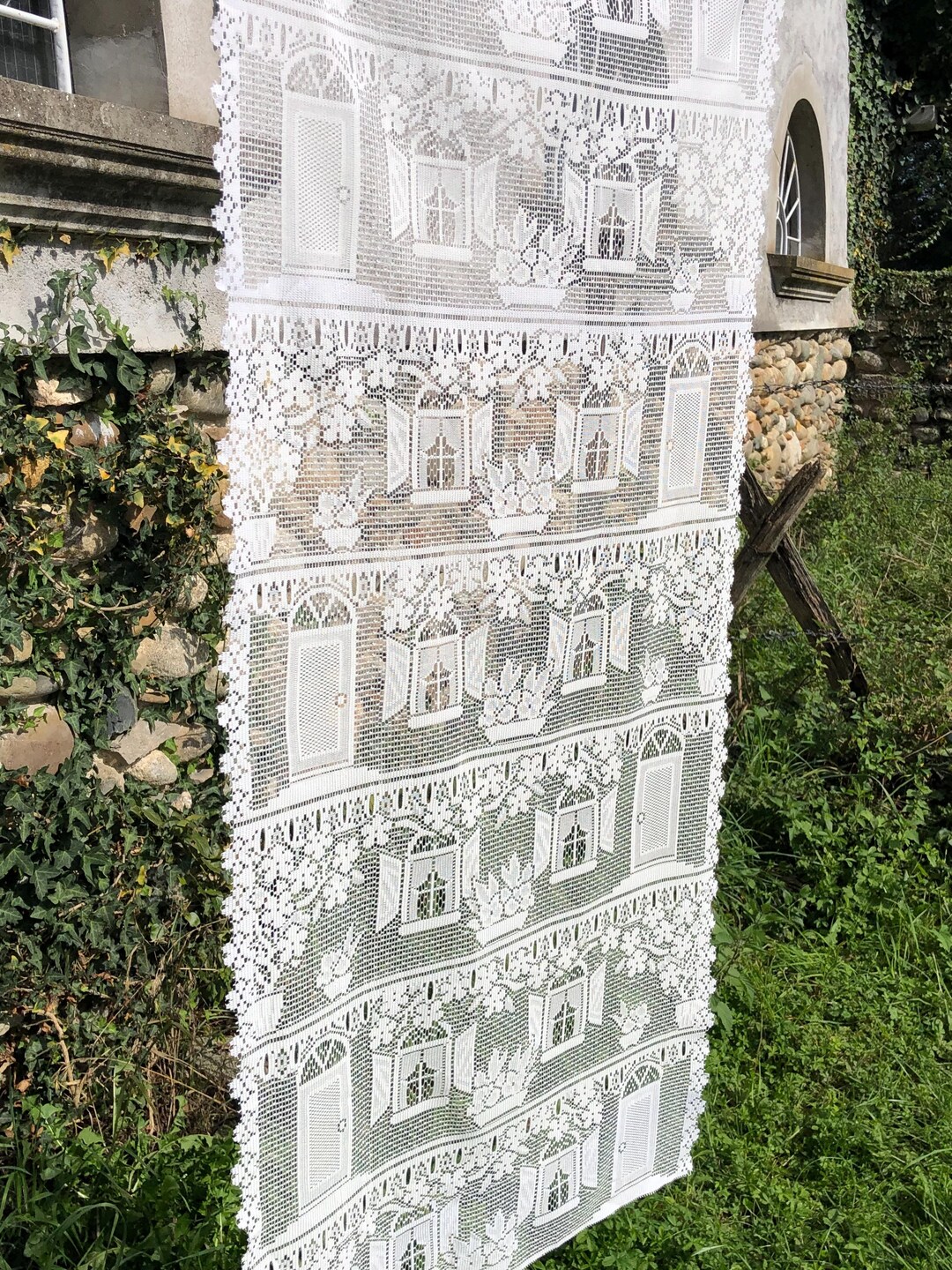 Long French Vintage White Net Panel / Charming Design Featuring Cottage ...