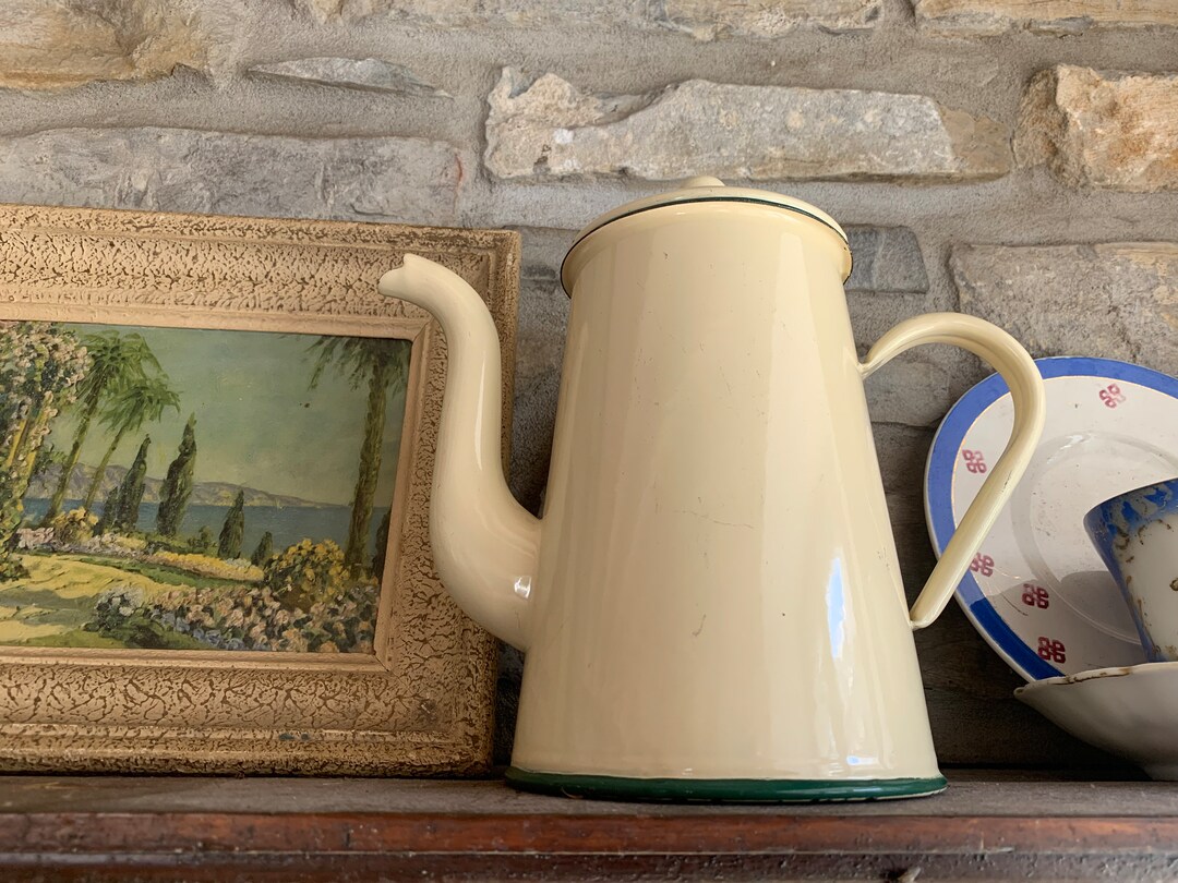 French Vintage Enamelled Coffee Pot / Pale Yellow French cafetière in ...