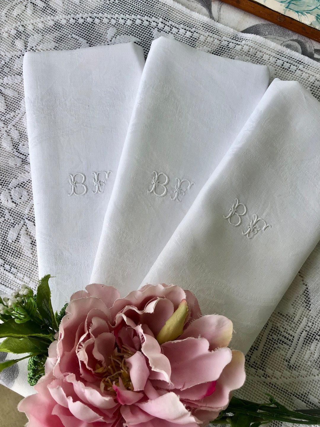 Three Very Large French Vintage Damask Fine Linen Napkin Monogrammed ...