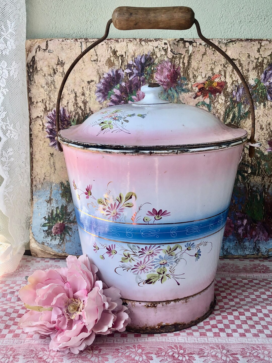 Cronky French Antique Enamel Bucket With Lid / Pretty Hand Painted ...