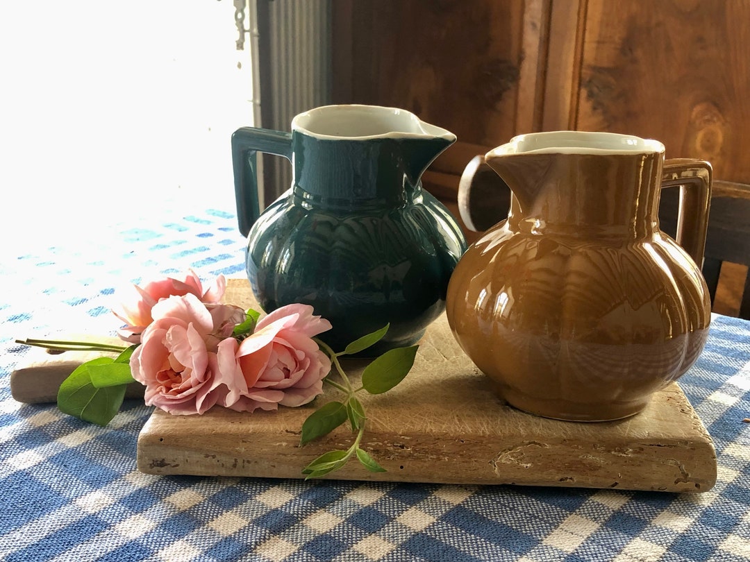 Pair of Small French Vintage Pot Bellied Jugs in Dark Green and Caramel ...
