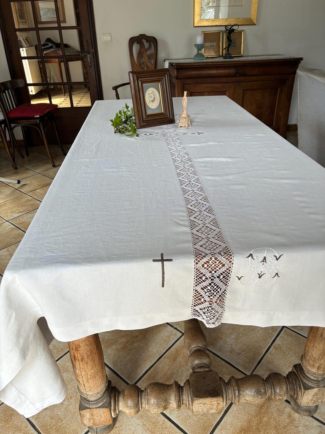 French Antique White Linen Altar Cloth/tablecloth / Monogrammed "b" in ...