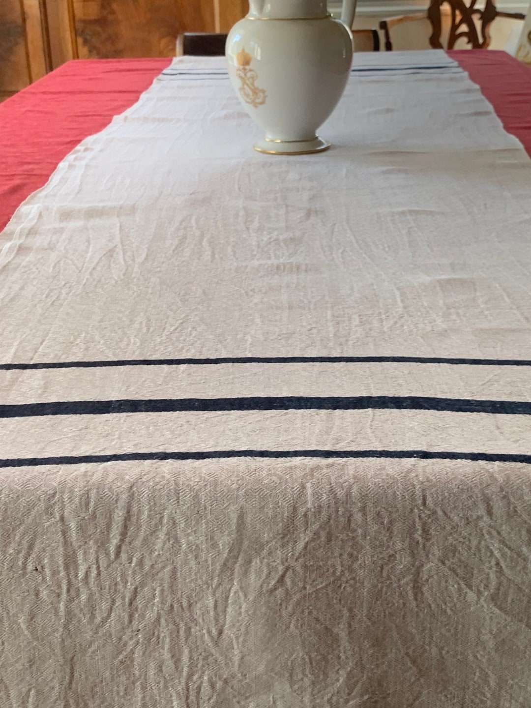 Long French Antique Blue & White Cotton and Linen Table Runner / French ...