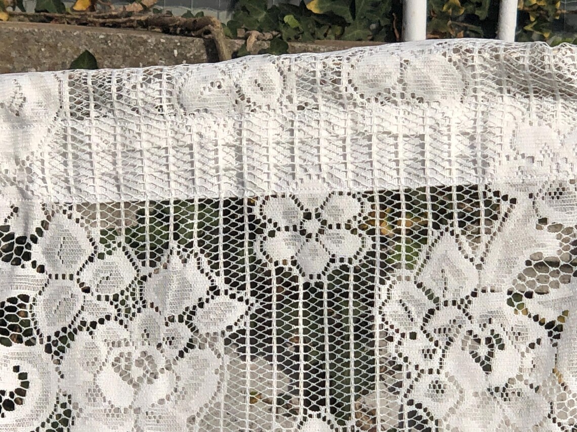 French Vintage White Net Curtain Panel With Large Floral Detailing ...