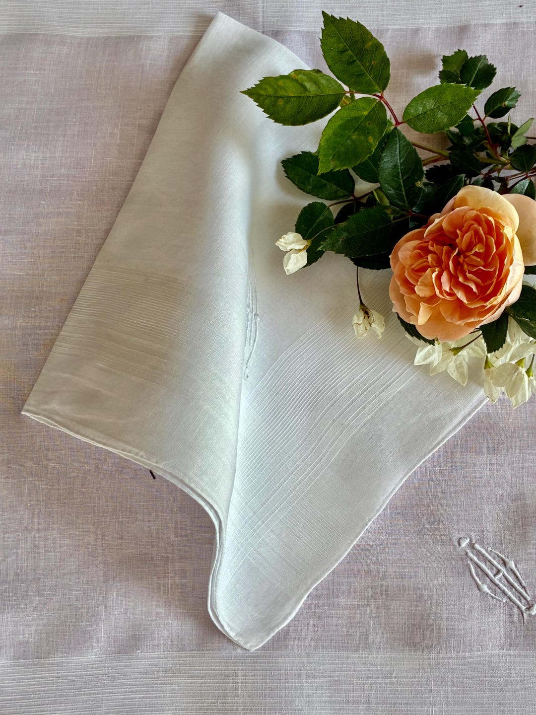 Two Large Square French Antique Fine Cotton Handkerchiefs Initialled "h ...