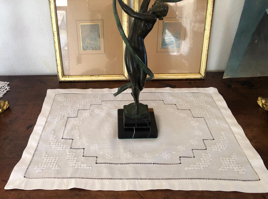 French Vintage White Rectangular Linen Tray Cloth With Tiny Embroidered ...