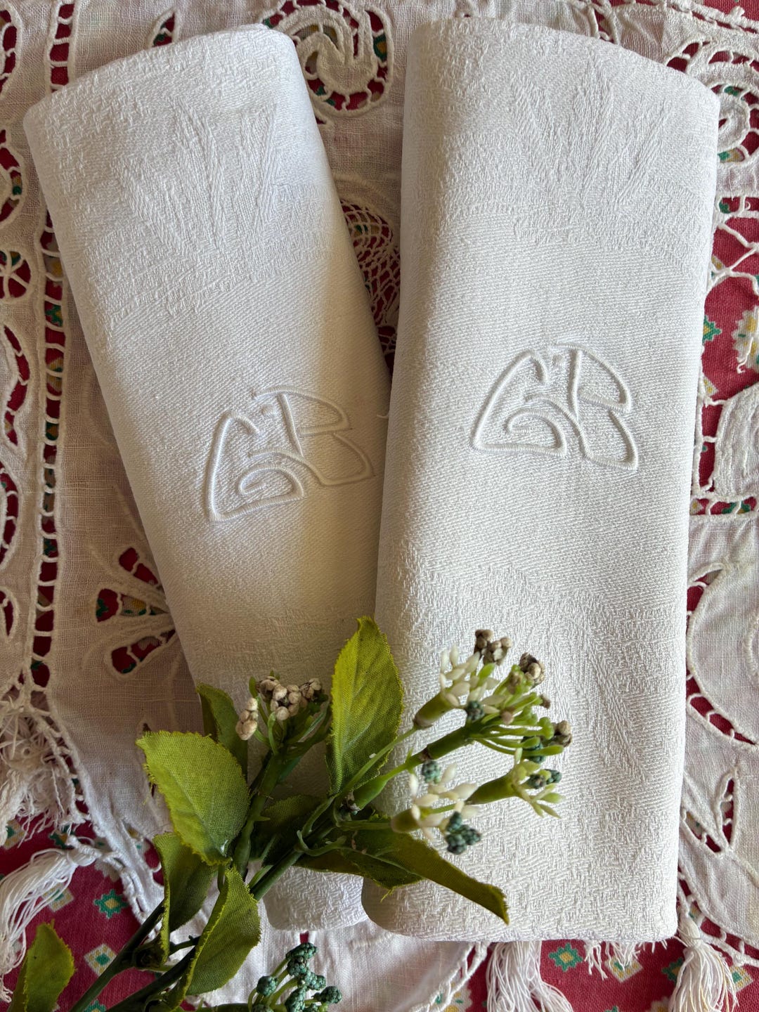 Two French Antique White Linen/cotton Damask Napkins With Hand ...